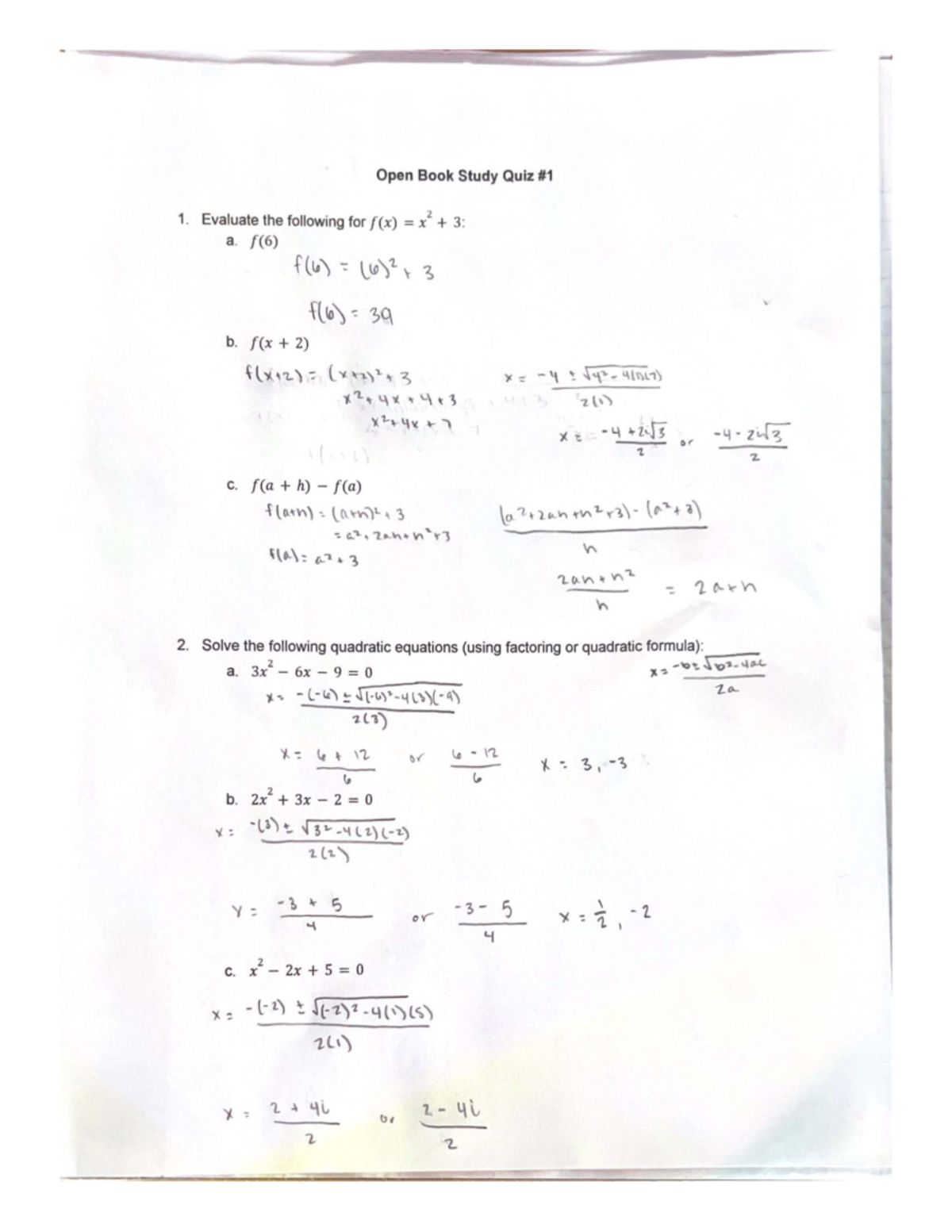 Open Book Study Quiz #1: Evaluating Functions and Quadratics - Studocu