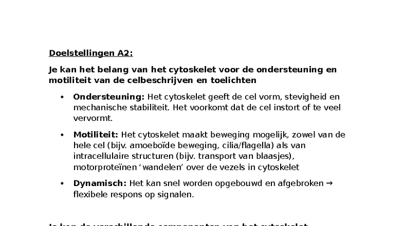 Doelstellingen A2: Cytoskelet en Biomoleculaire Structuren - Studocu