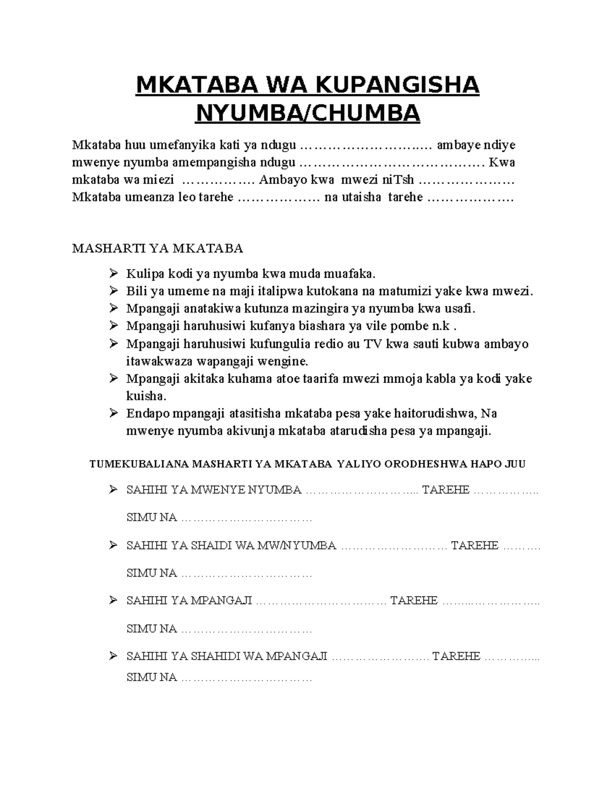 Mkataba wa Kupangisha Nyumba na Masharti yake (MKT-2023) - Studocu