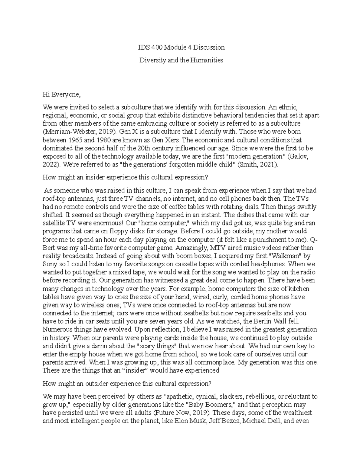 IDS 400 Module 4 Discussion: Experiencing the Gen X Subculture - Studocu