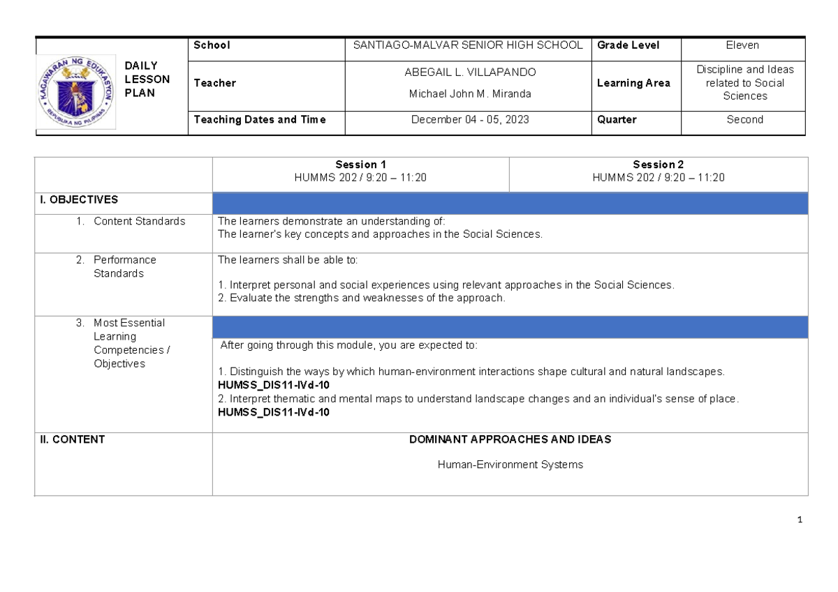 DLL-DISS-Q2-WEEK 5 - Daily Lesson Plan for HUMSS 202 - Studocu