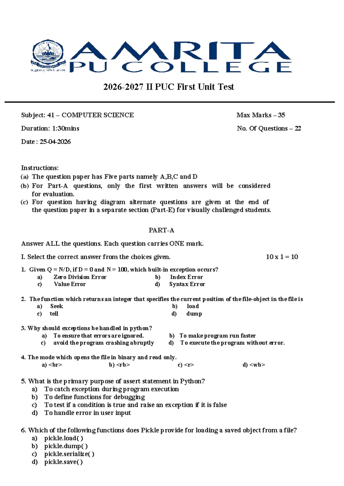 II PUC 1st Unit Test: 41 Computer Science - State II CS 25-04 - Studocu