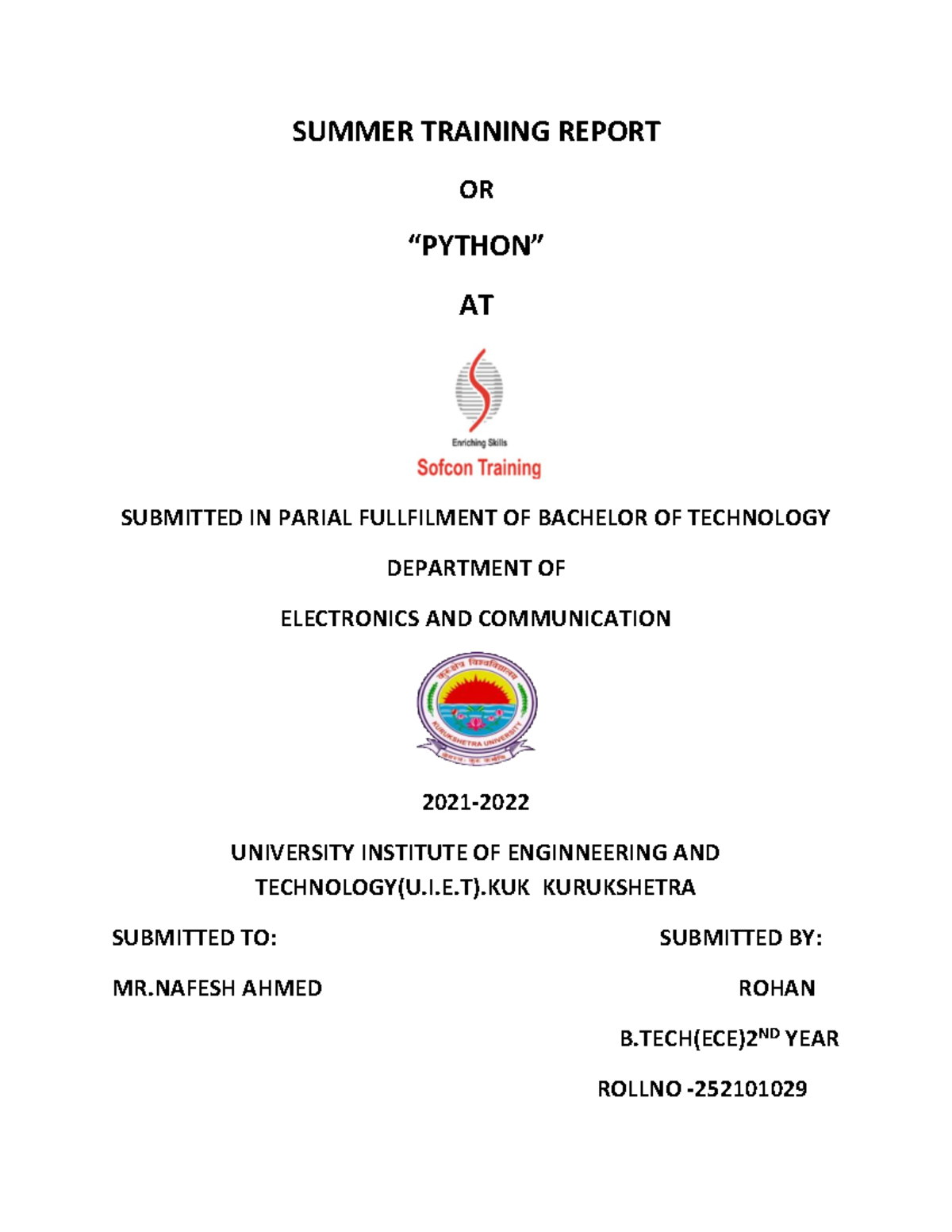 B.Tech ECE Summer Training Report on Python Programming - Studocu