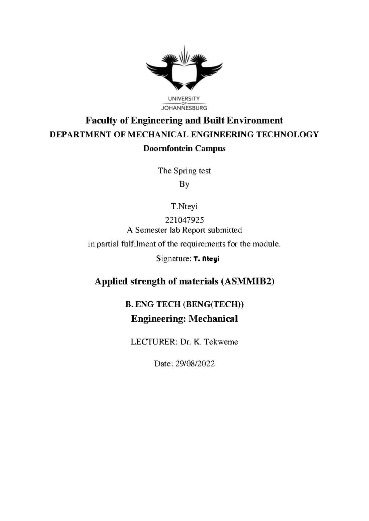 Spring Lab Report: Applied Strength of Materials ASMMIB2 - Studocu
