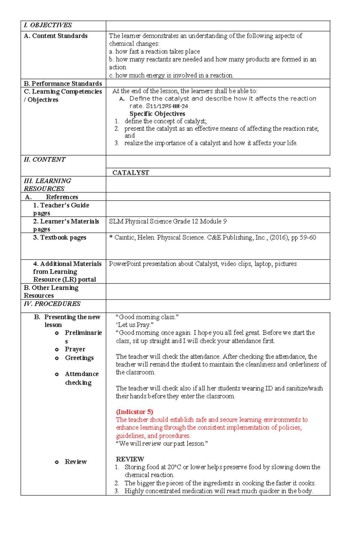 Lesson Plan: Understanding Catalysts in Physical Science (S11/12PS-IIIf ...
