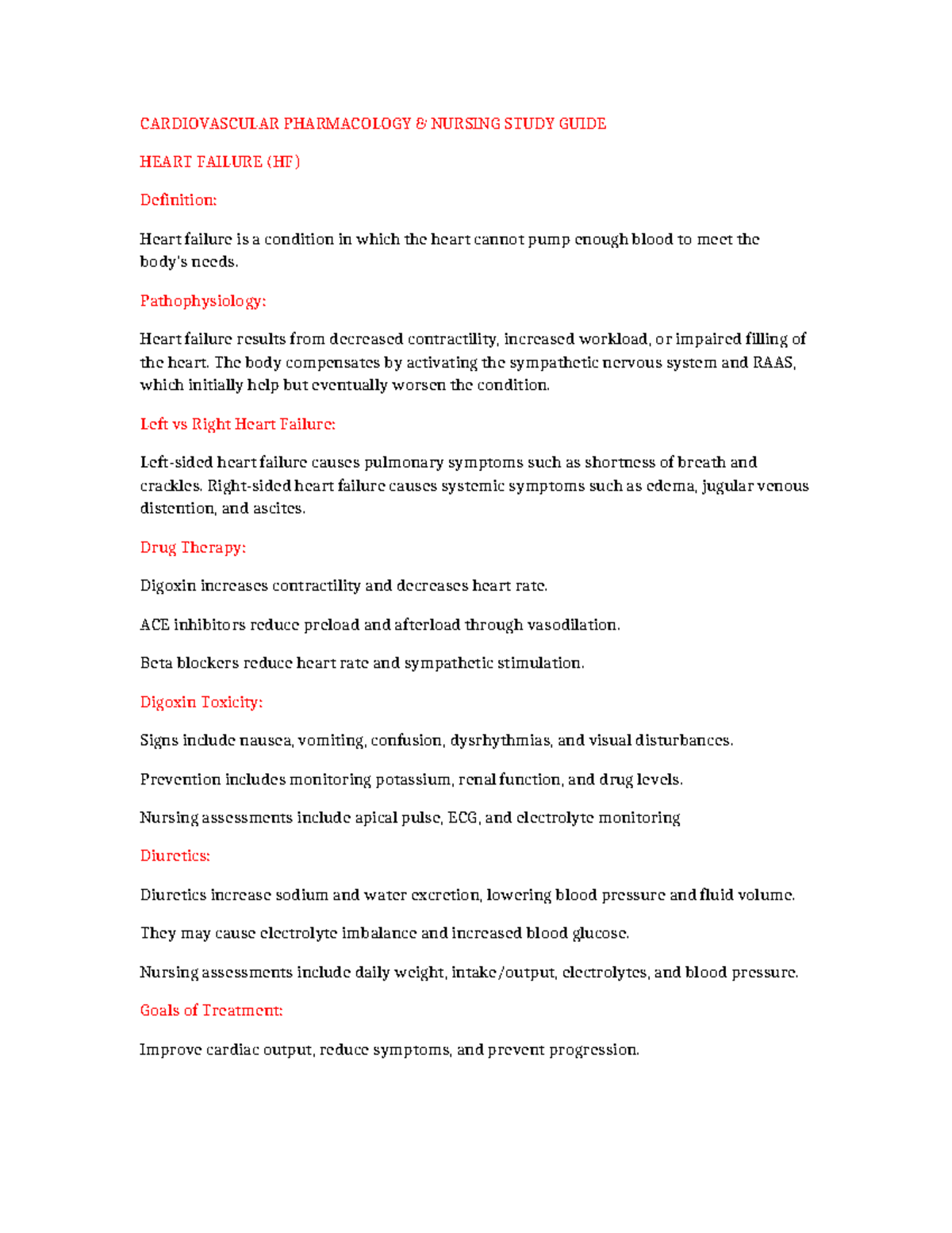 CARDIOVASCULAR PHARMACOLOGY NURSING STUDY GUIDE: HEART FAILURE & PVD ...
