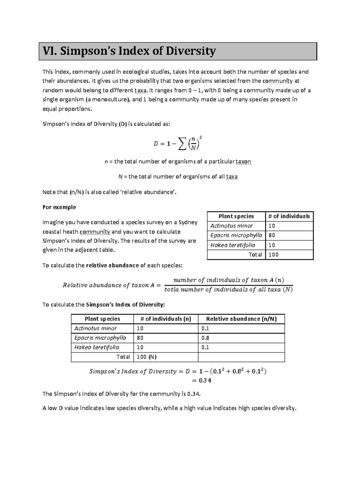 VI. Simpson’s Index of Diversity - VI. Simpson’s Index of Diversity ...