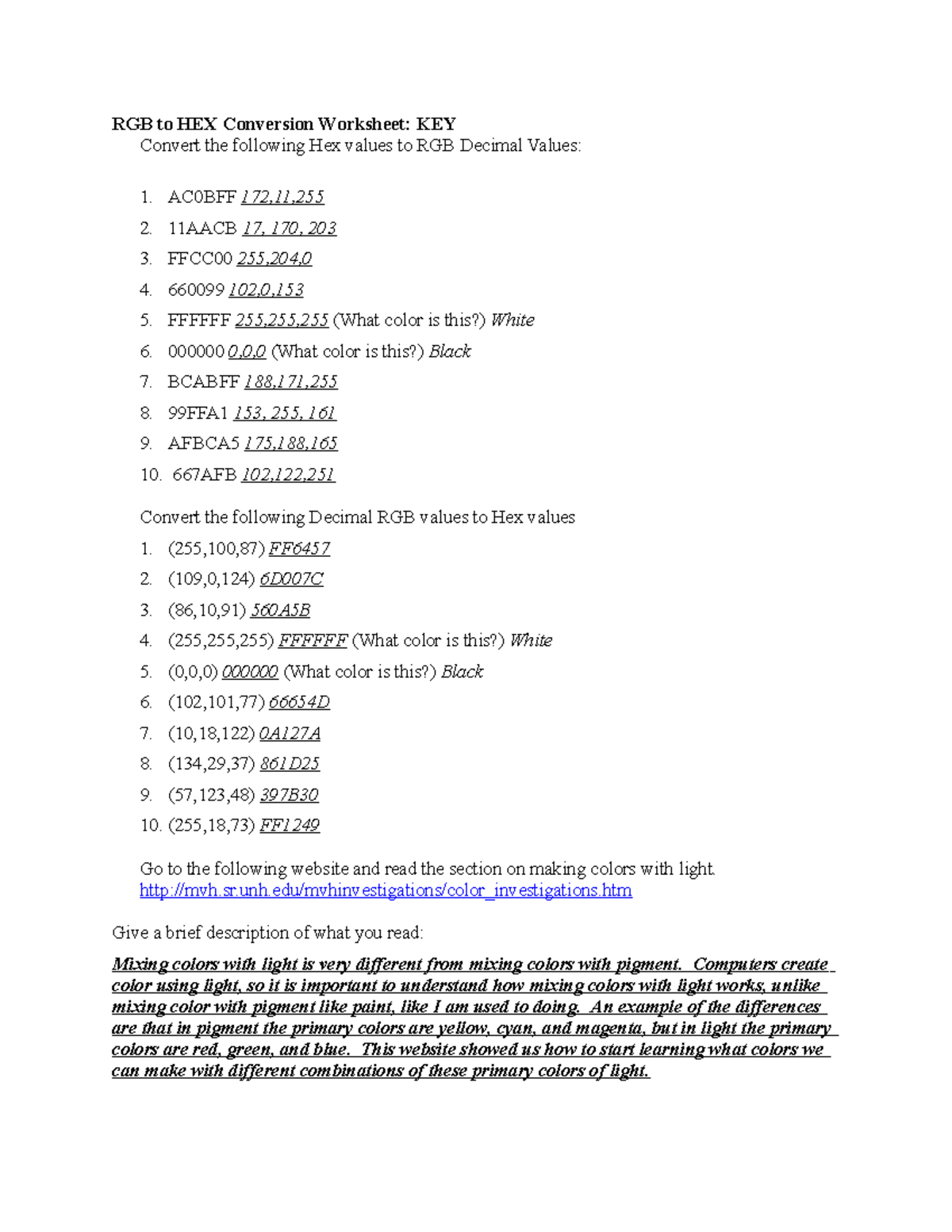 Keyrgb hex conversion worksheet - RGB to HEX Conversion Worksheet: KEY ...