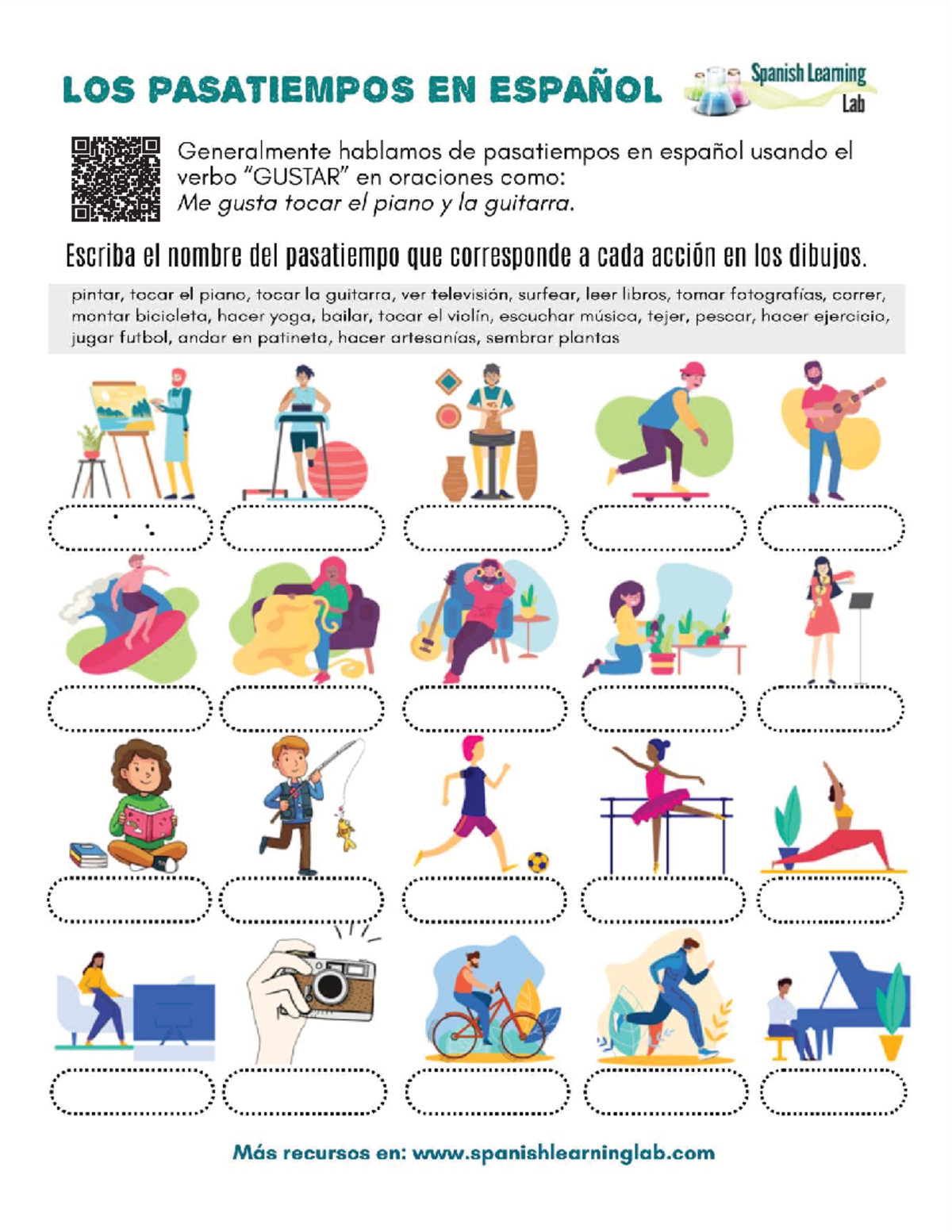 Pictionary hobbies in Spanish worksheet vocabulario pasatiempos español ...