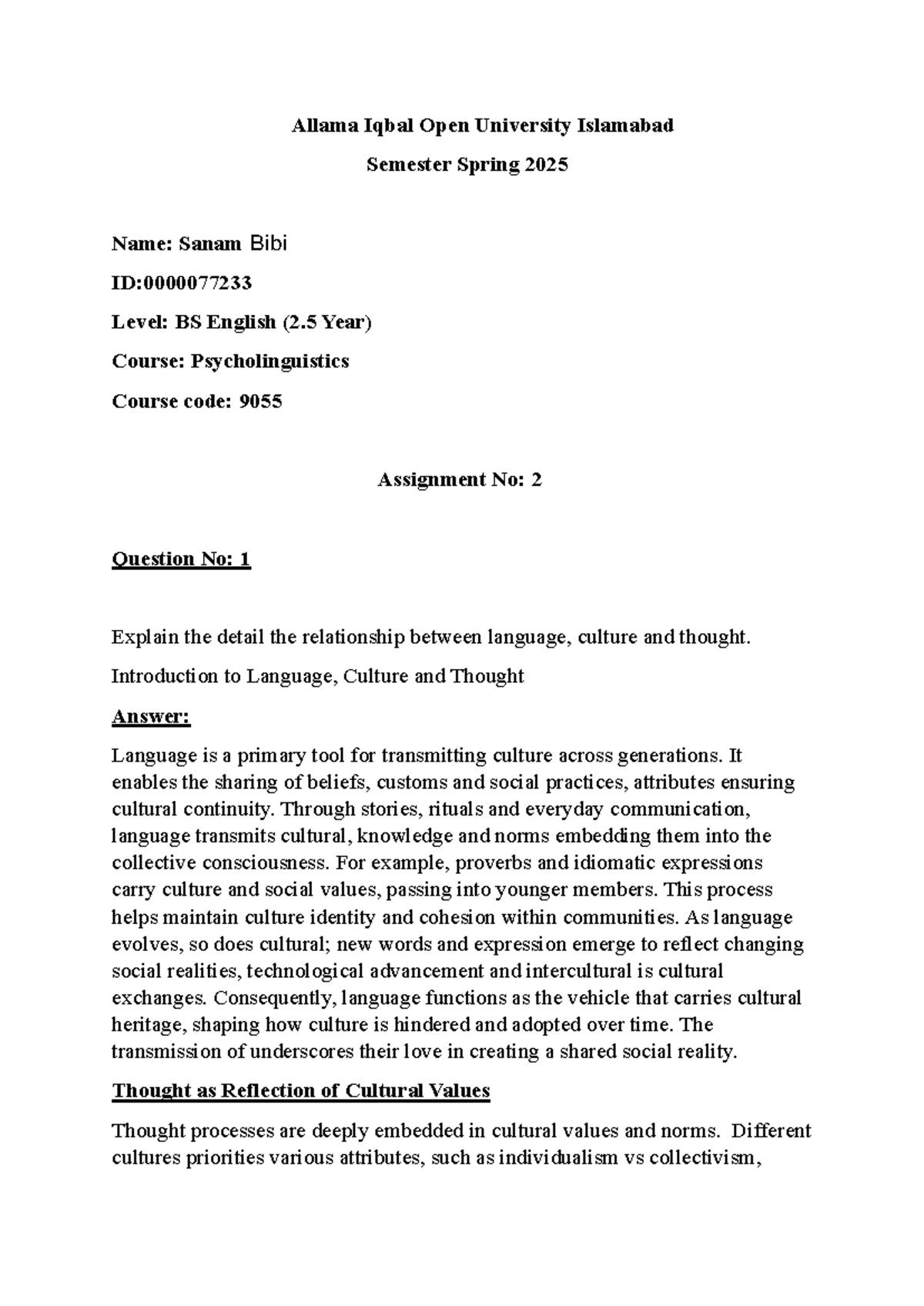 Psycholinguistics Assignment 2: Language, Culture, and Thought Analysis ...