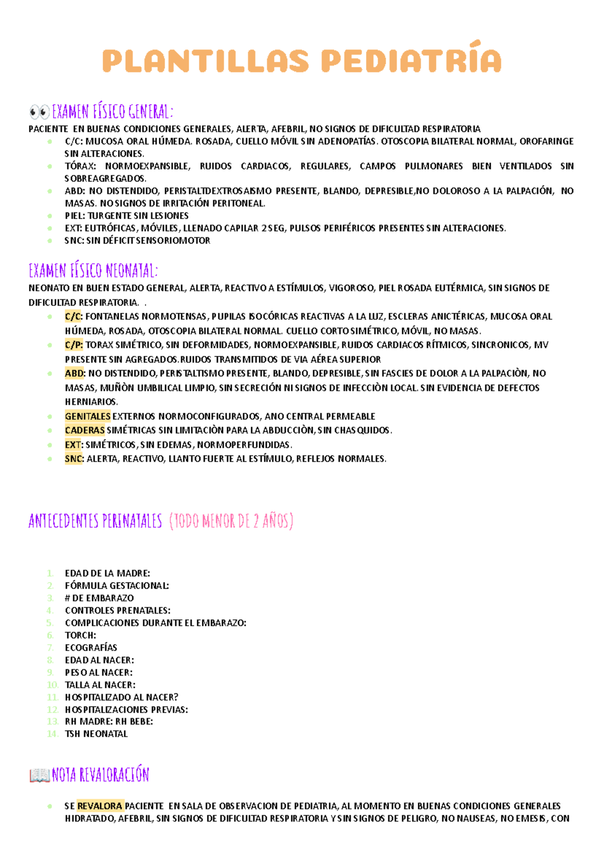 Pediatría - Notas de Examen Físico y Manejo General Infantil - Studocu