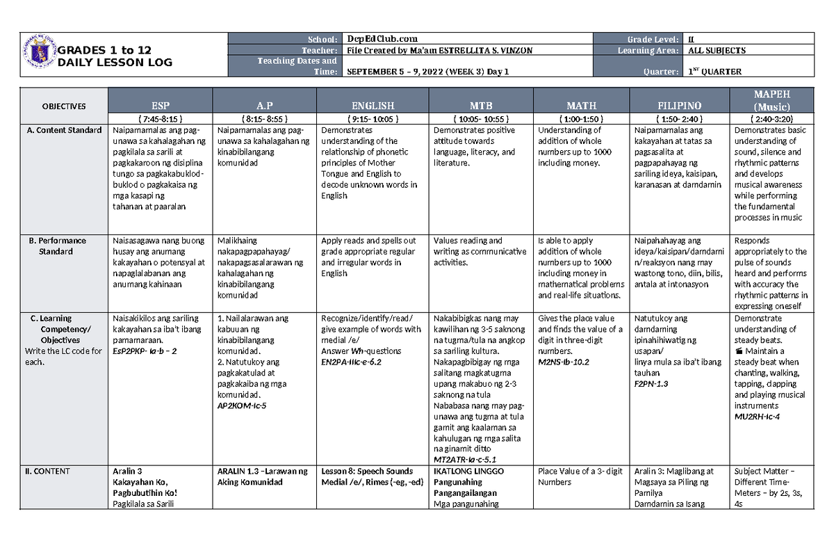 DLL ALL Subjects 2 Q1 W3 D1 - GRADES 1 to 12 DAILY LESSON LOG School: DepEdClub Grade Level: II ...