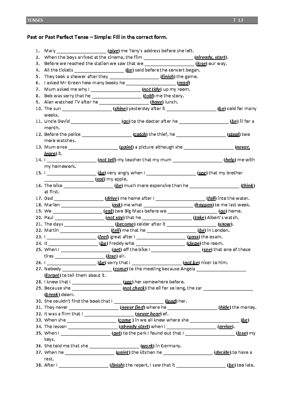 T12 - Practice on grammar - TENSES T 12 Past or Past Perfect Tense 3 ...