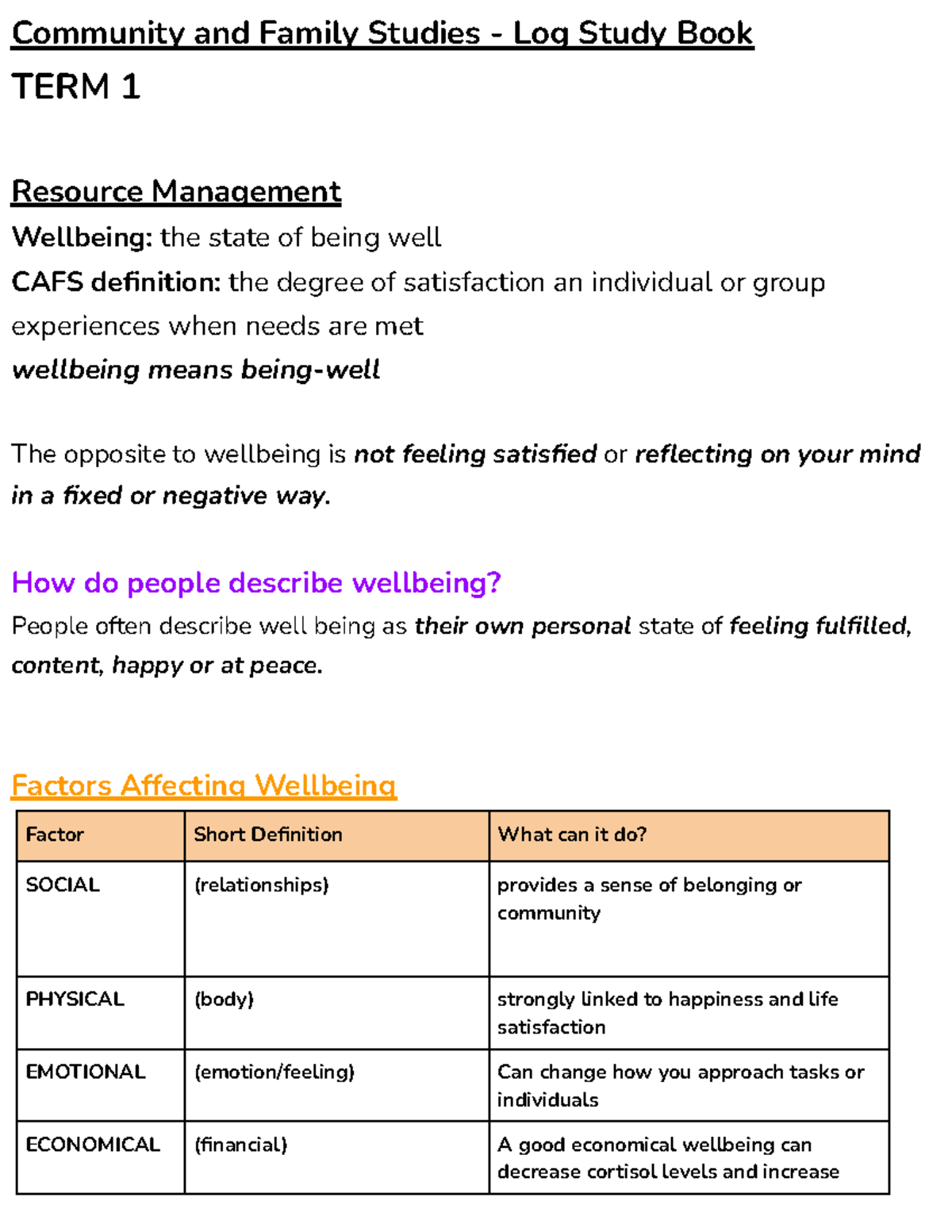 CAFS Term 1 Study Book: Understanding Wellbeing and Resource Management ...