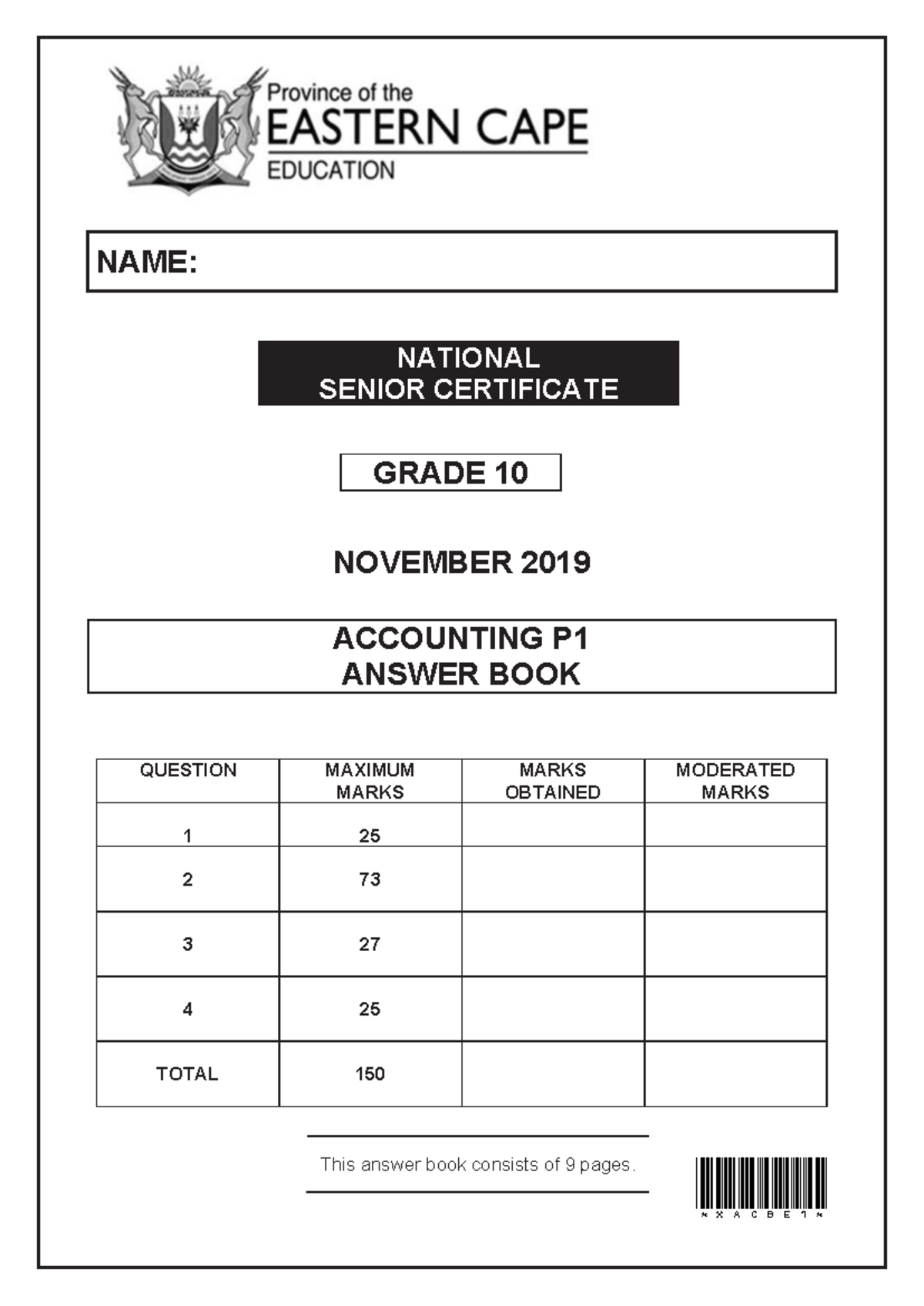 Accounting P1 GR10 Answer Book November 2019 - English Edition - Studocu