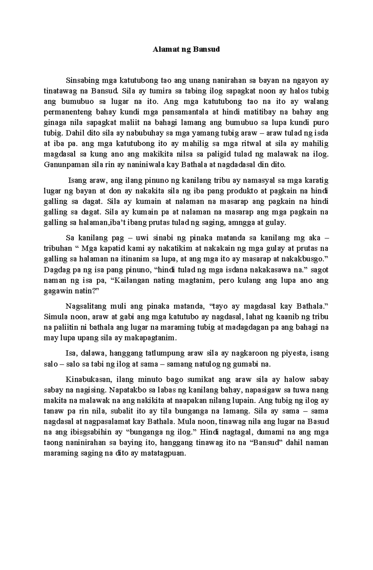 Alamat ng Bansud: Kwento ng mga Katutubong Tao at Lupa - Studocu