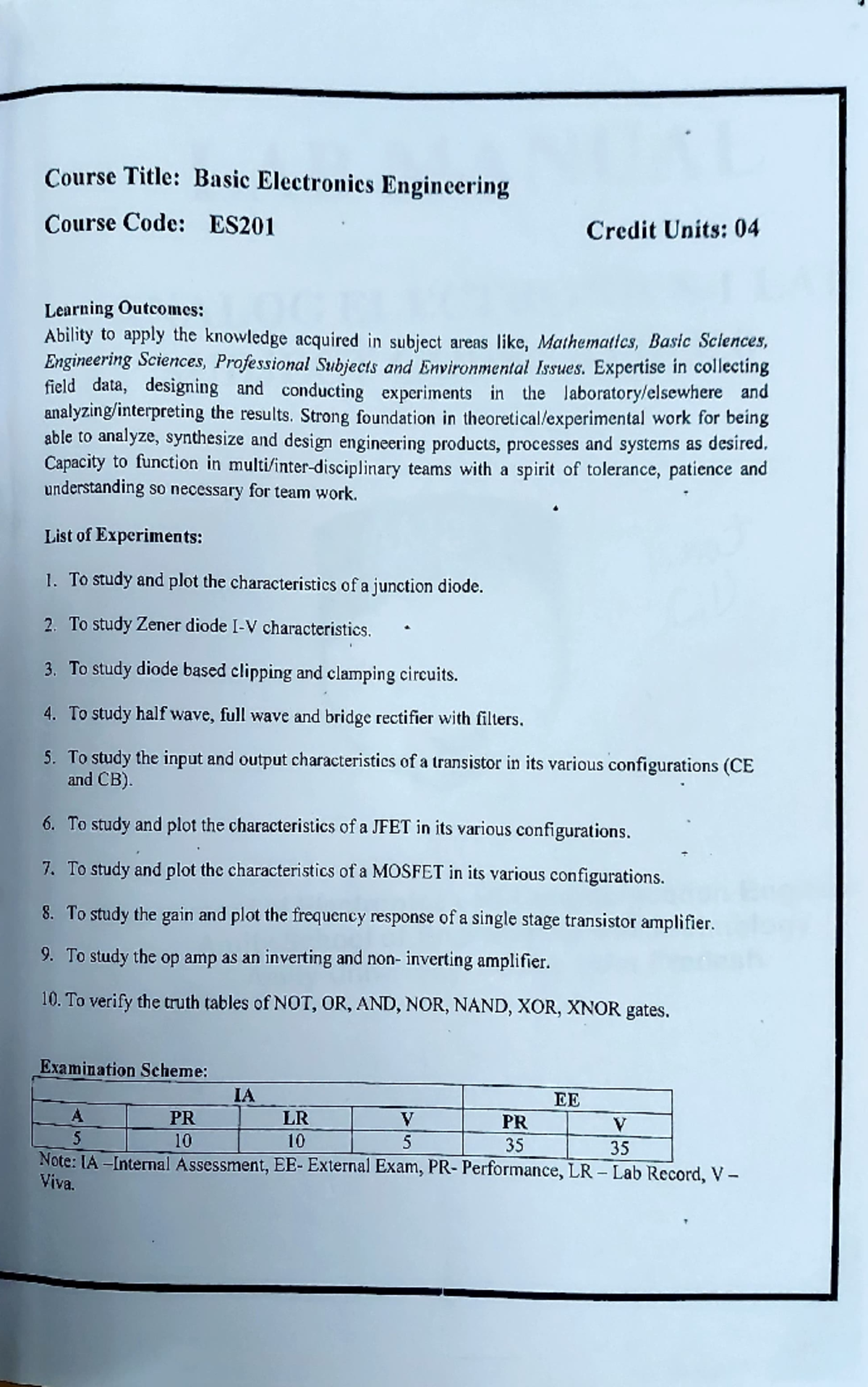 Basic Electronics LAB Manual: Experiments & Procedures Guide - Studocu