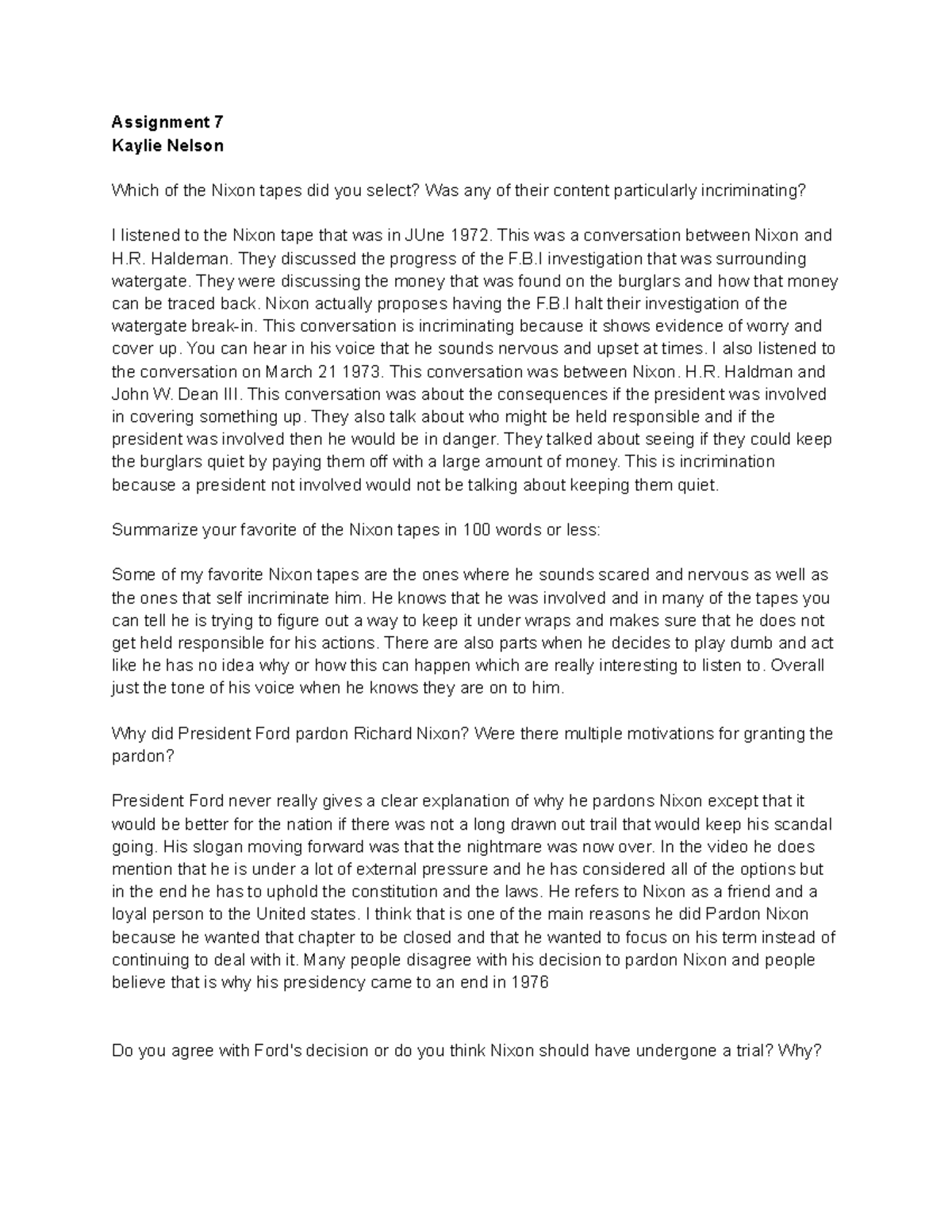 Module 7 assignment - Assignment 7 Kaylie Nelson Which of the Nixon ...
