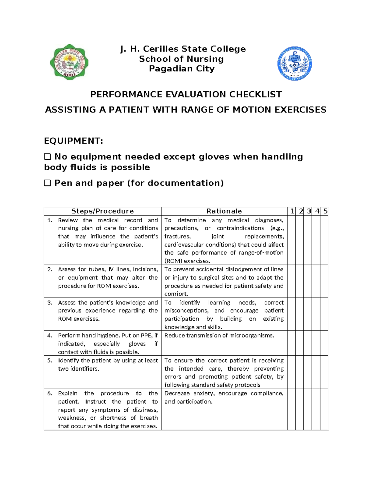 J. H. Cerilles State College Nursing Checklist for ROM Exercises - Studocu