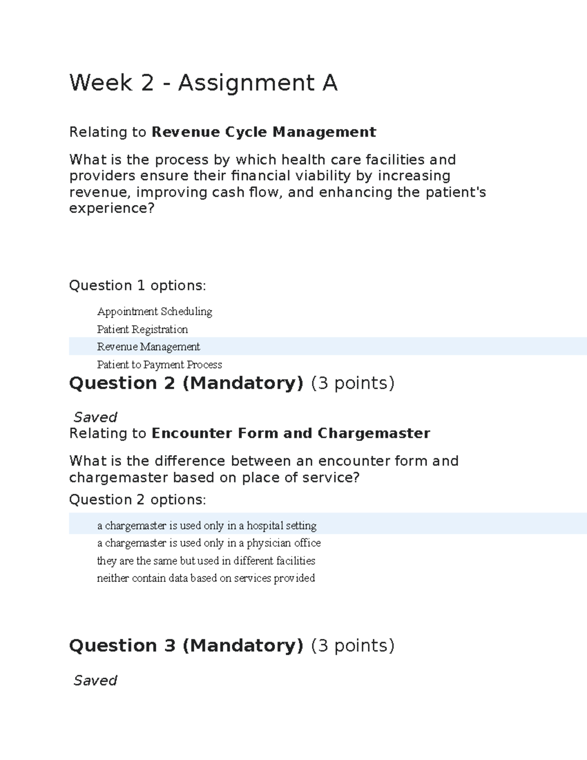 Week 2 Assignments: Revenue Cycle Mgmt & Healthcare Regulations ME2550 ...