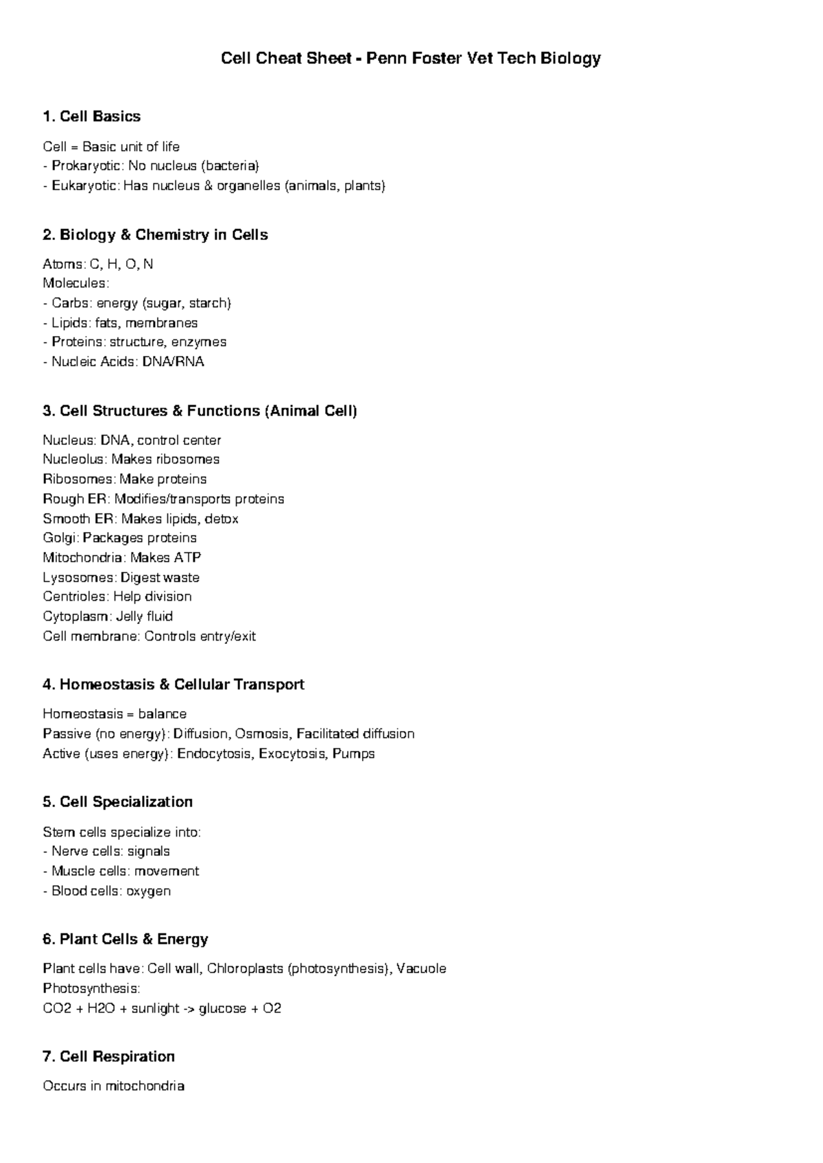 Cell Biology 1 Cheat Sheet - Penn Foster Vet Tech - Studocu