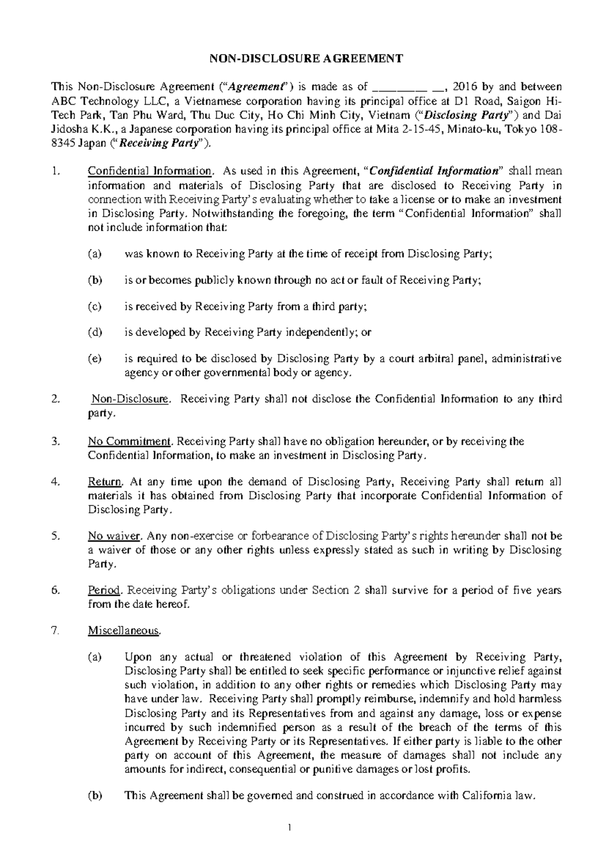 NDA Model Agreement between ABC Technology LLC & Dai Jidosha K.K. - Studocu