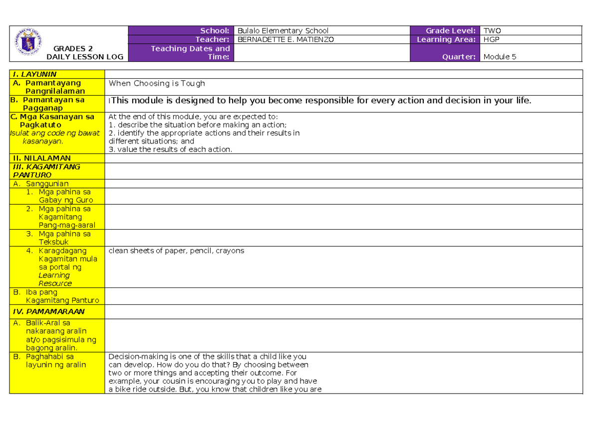 HG Module 5 - you can use it as reference - GRADES 2 DAILY LESSON LOG School: Bulalo Elementary ...