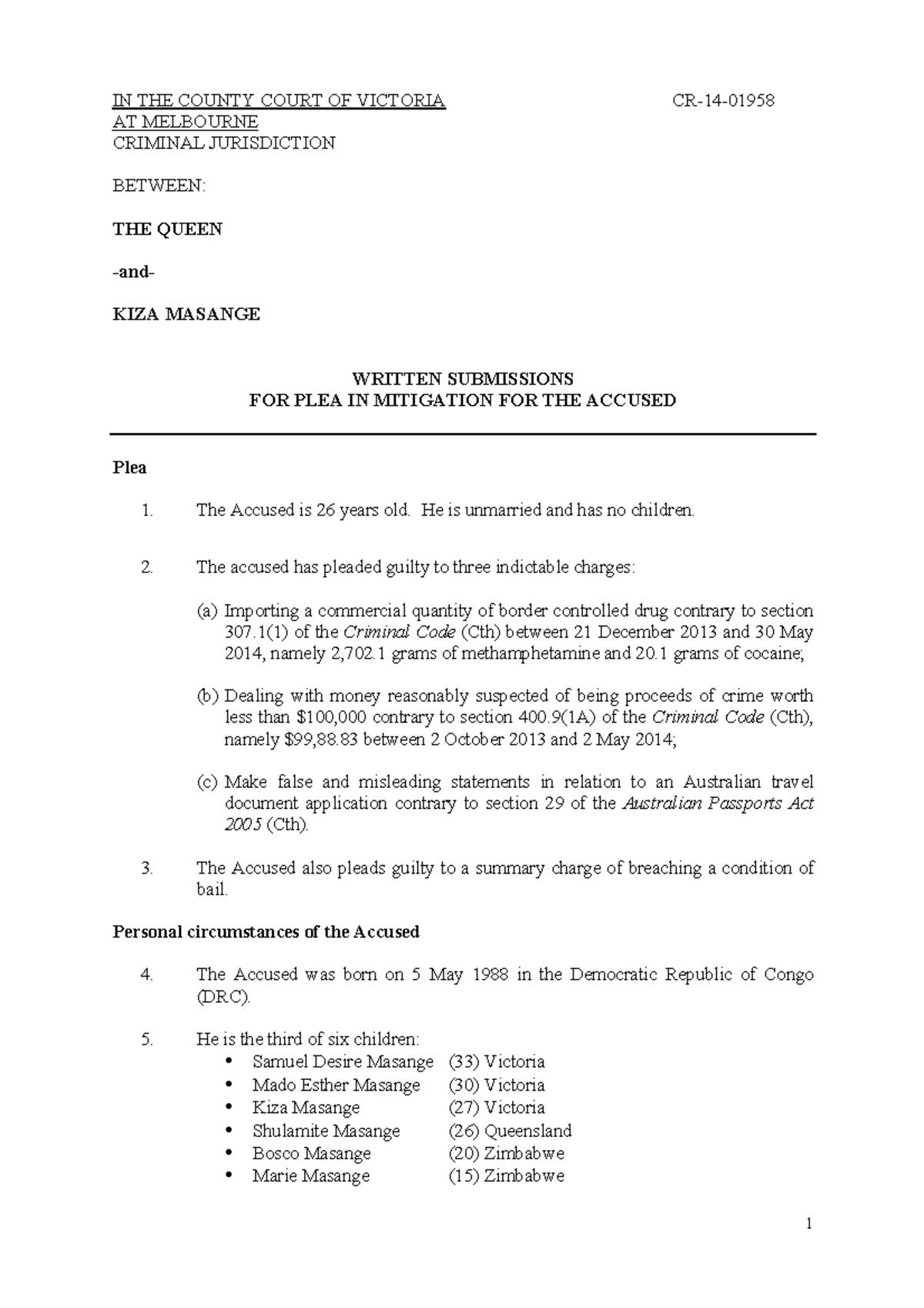 Plea in Mitigation Submissions for Kiza Masange - CR-14- - Studocu