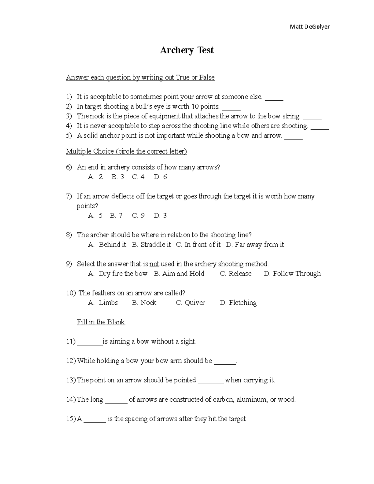 Archery (ARCH 101) Written Test: True/False & Multiple Choice Questions ...