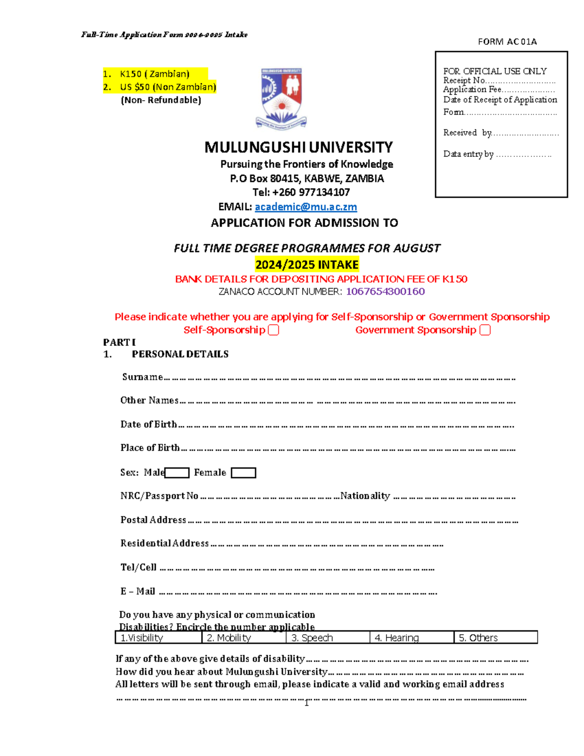 Mulungushi University Full-Time Admission Application Form 2024-2025 ...