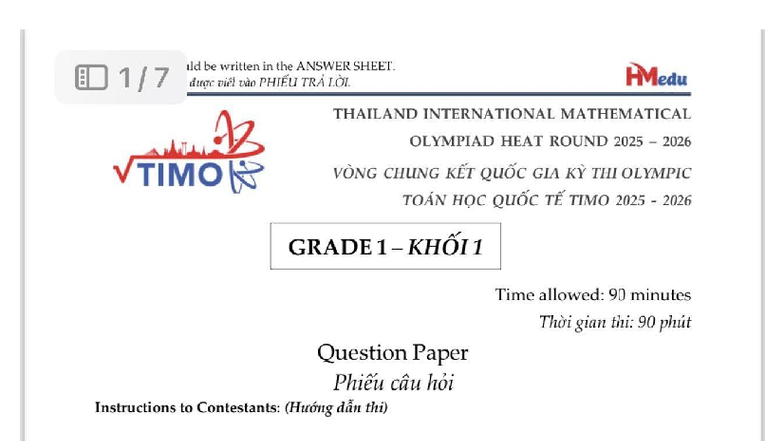 TIMO 2025-2026: Đề Thi Olympic Toán Quốc Tế - Khối 1 - Studocu
