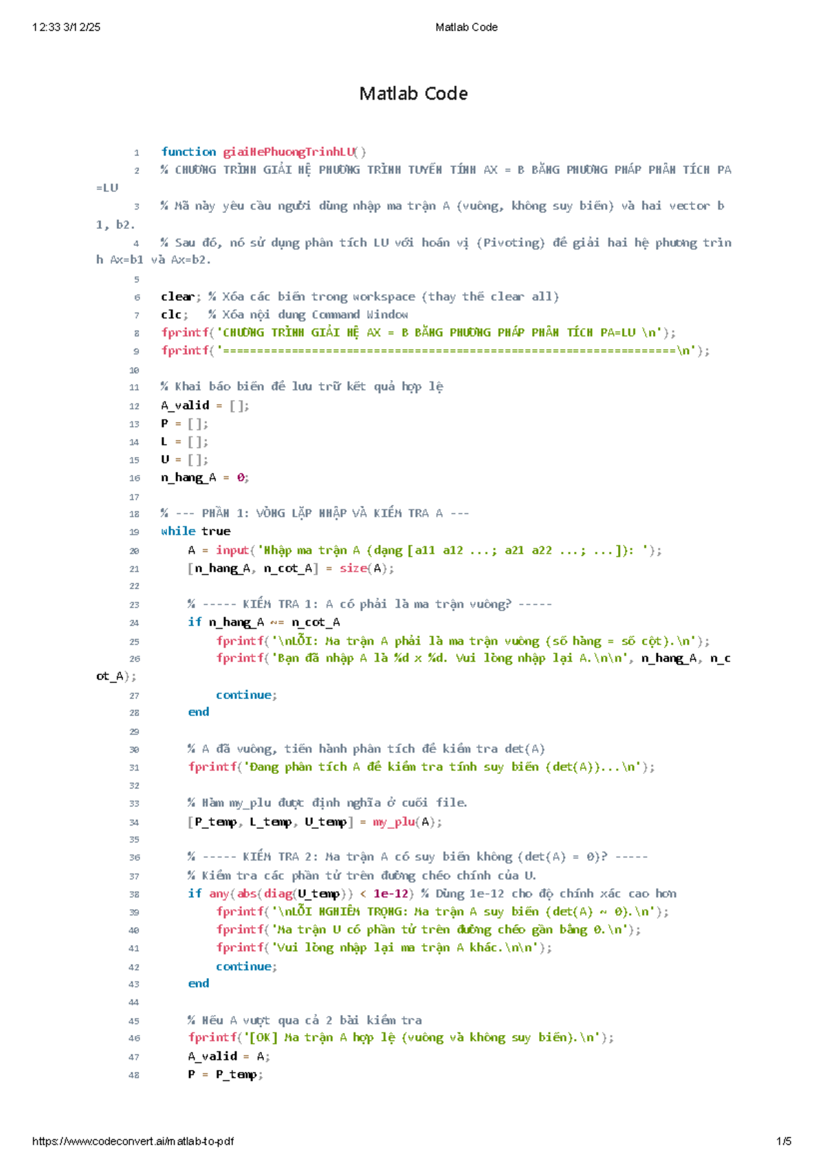 Matlab Code for Solving Linear Equations Using LU Decomposition - Studocu