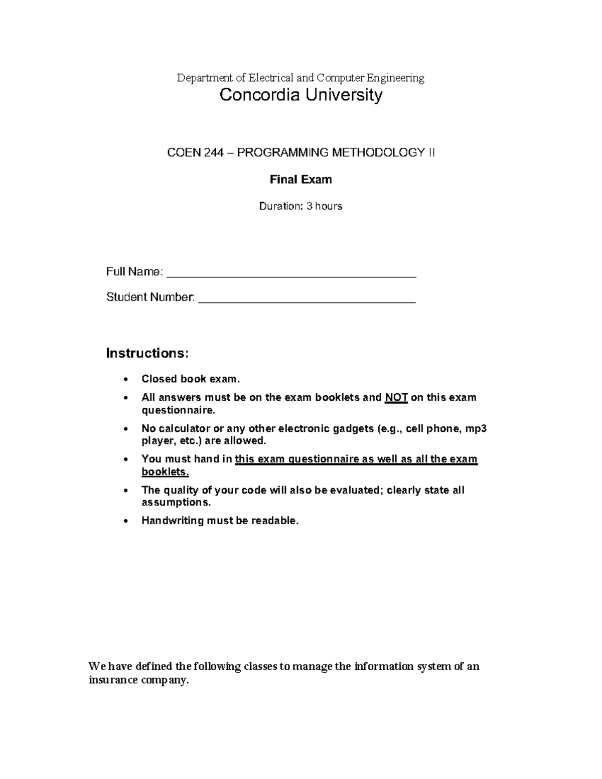 COEN244 Final Exam Solutions for Programming Methodology II - Studocu
