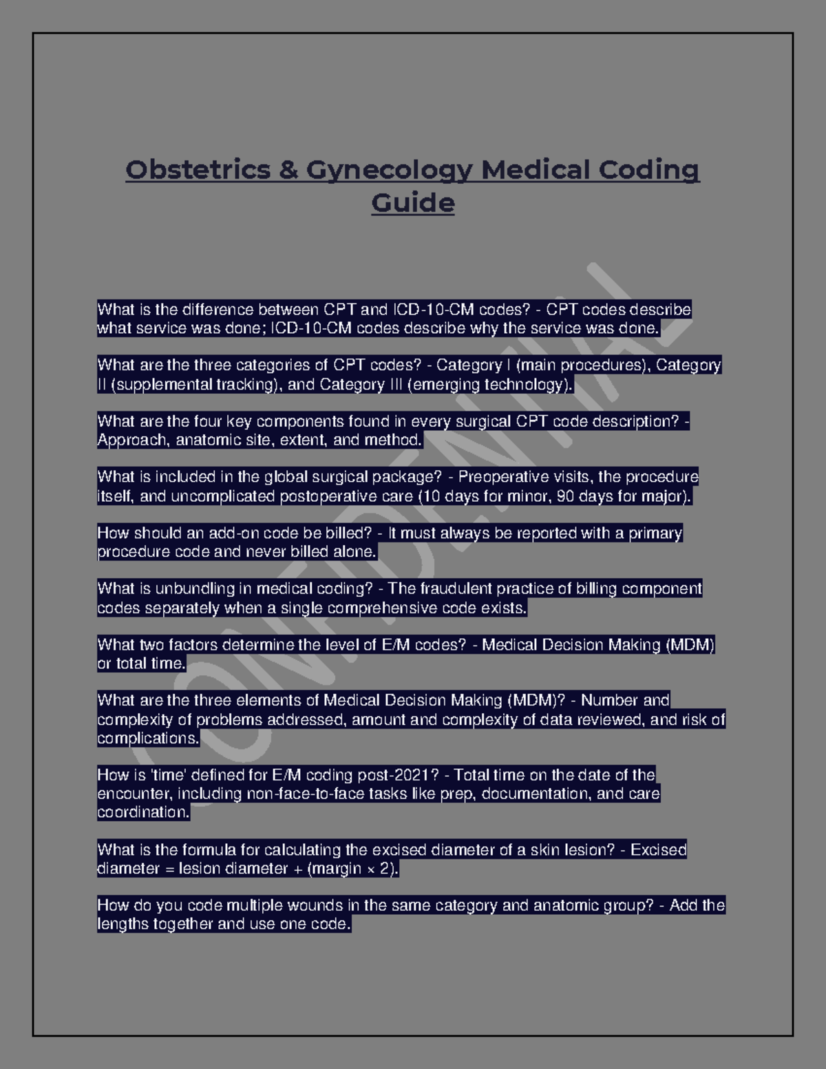 Obstetrics & Gynecology Medical Coding Guide: CPT Code Essentials - Studocu