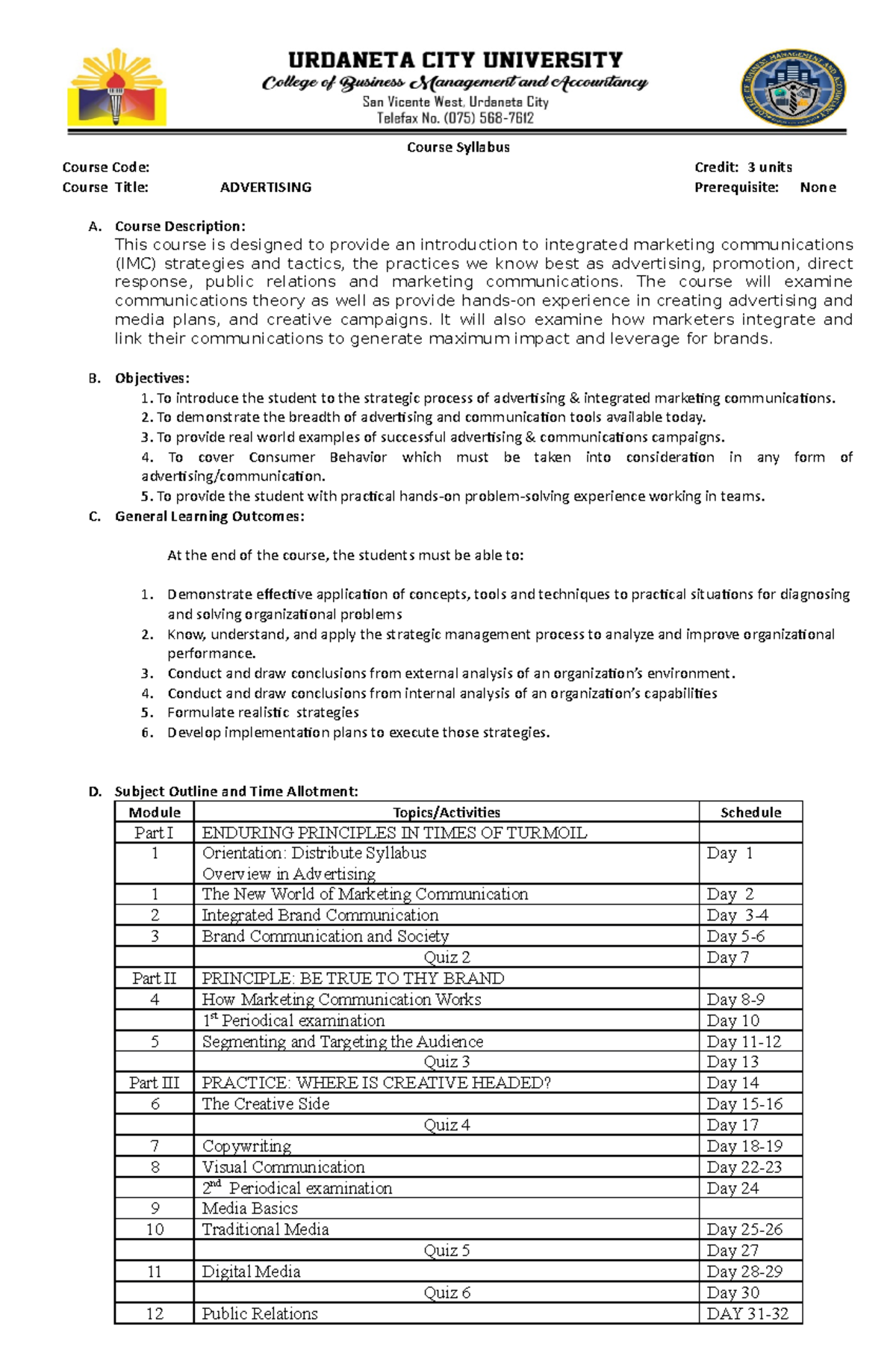 Advertising - For students - Course Syllabus Course Code: Credit: 3 ...