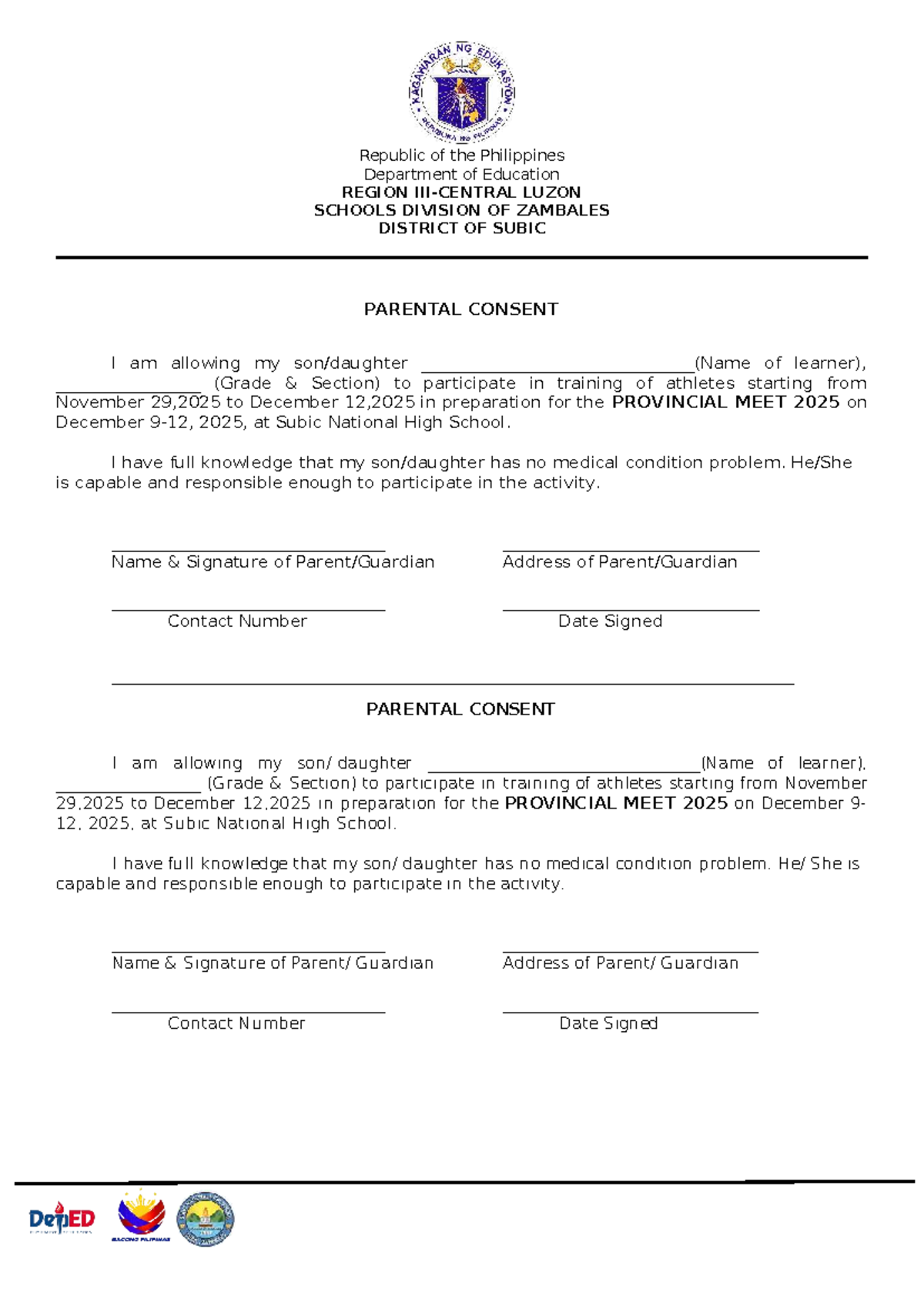 Parental Consent for Athlete Training - Provincial Meet 2025 - Studocu