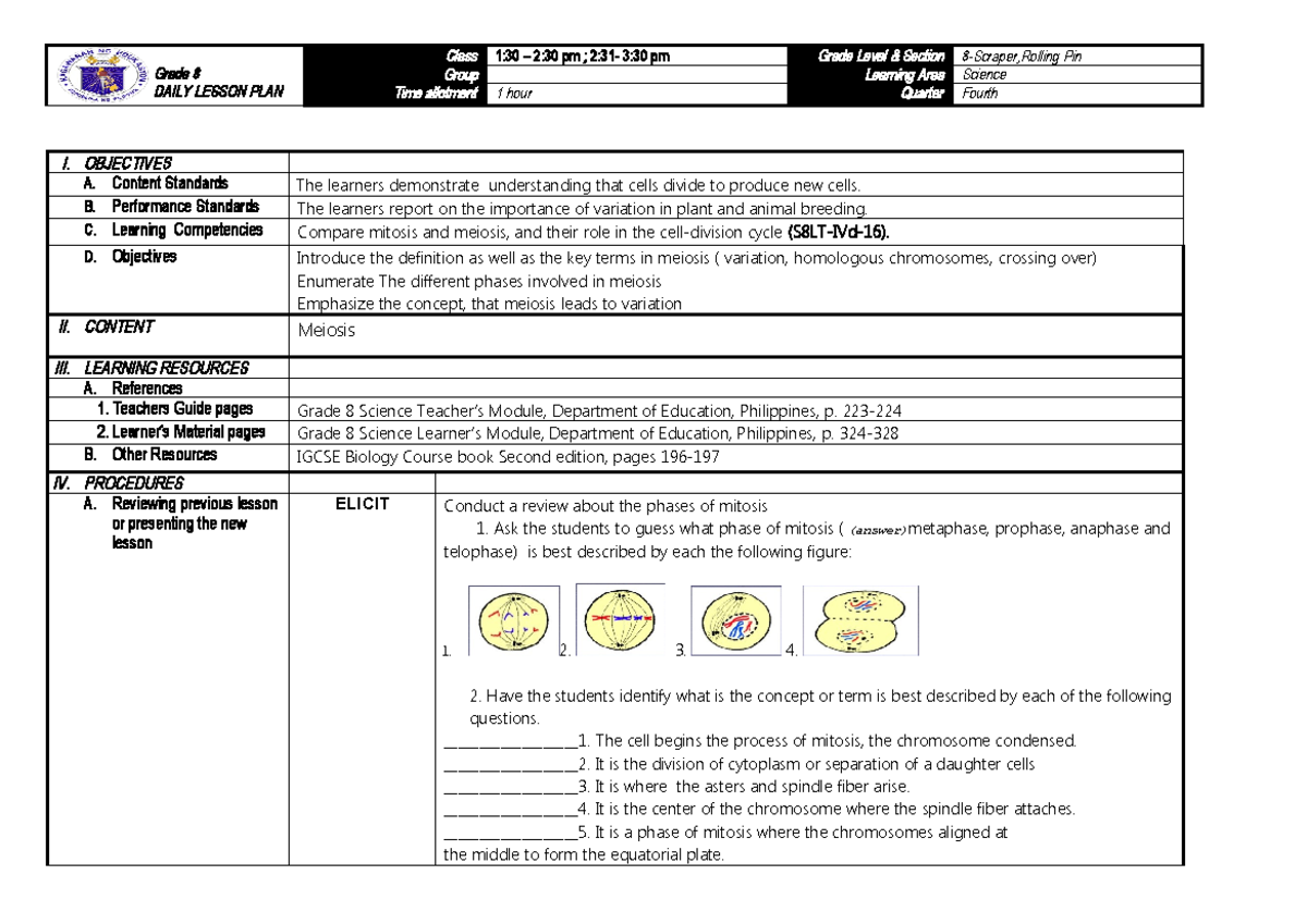 MEIOSIS LESSON PLAN - Grade 8 DAILY LESSON PLAN Group Learning Area ...