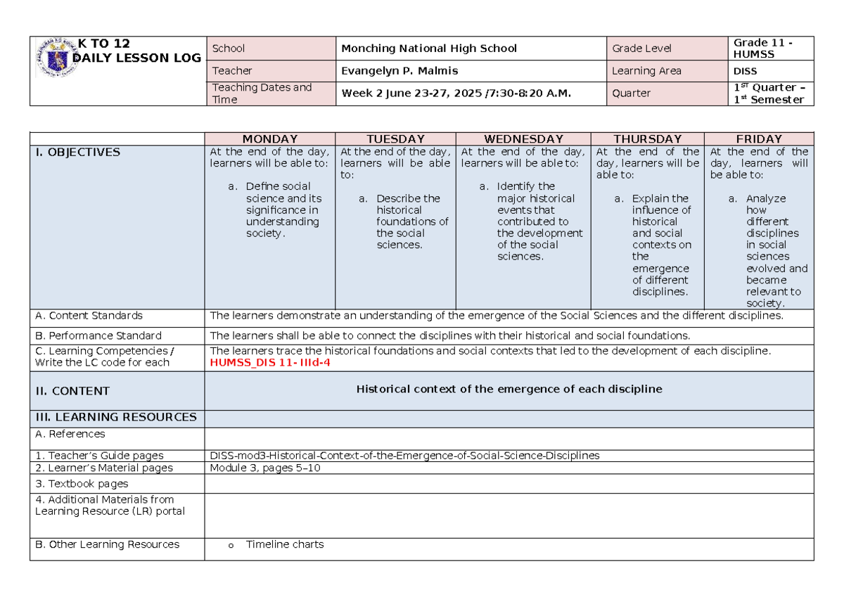DISS 11 - Q1 Daily Lesson Log - Week 2 Overview - Studocu