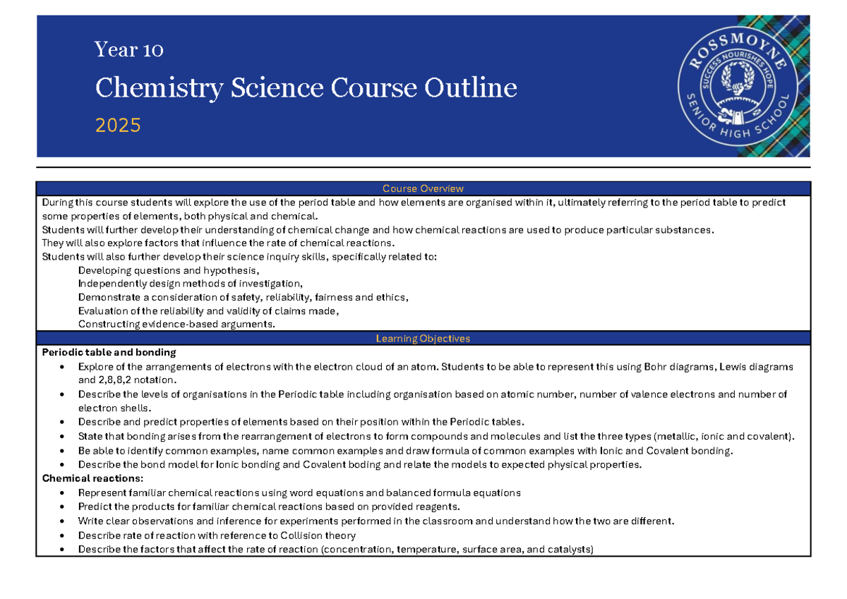 Year 10 Chemistry Course Outline & Inquiry Skills Guide 2025 - Studocu