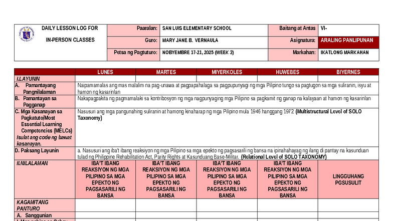 Q3 AP DLL WEEK 3 - REAKSIYON NG MGA PILIPINO SA PAGSASARILI - Studocu