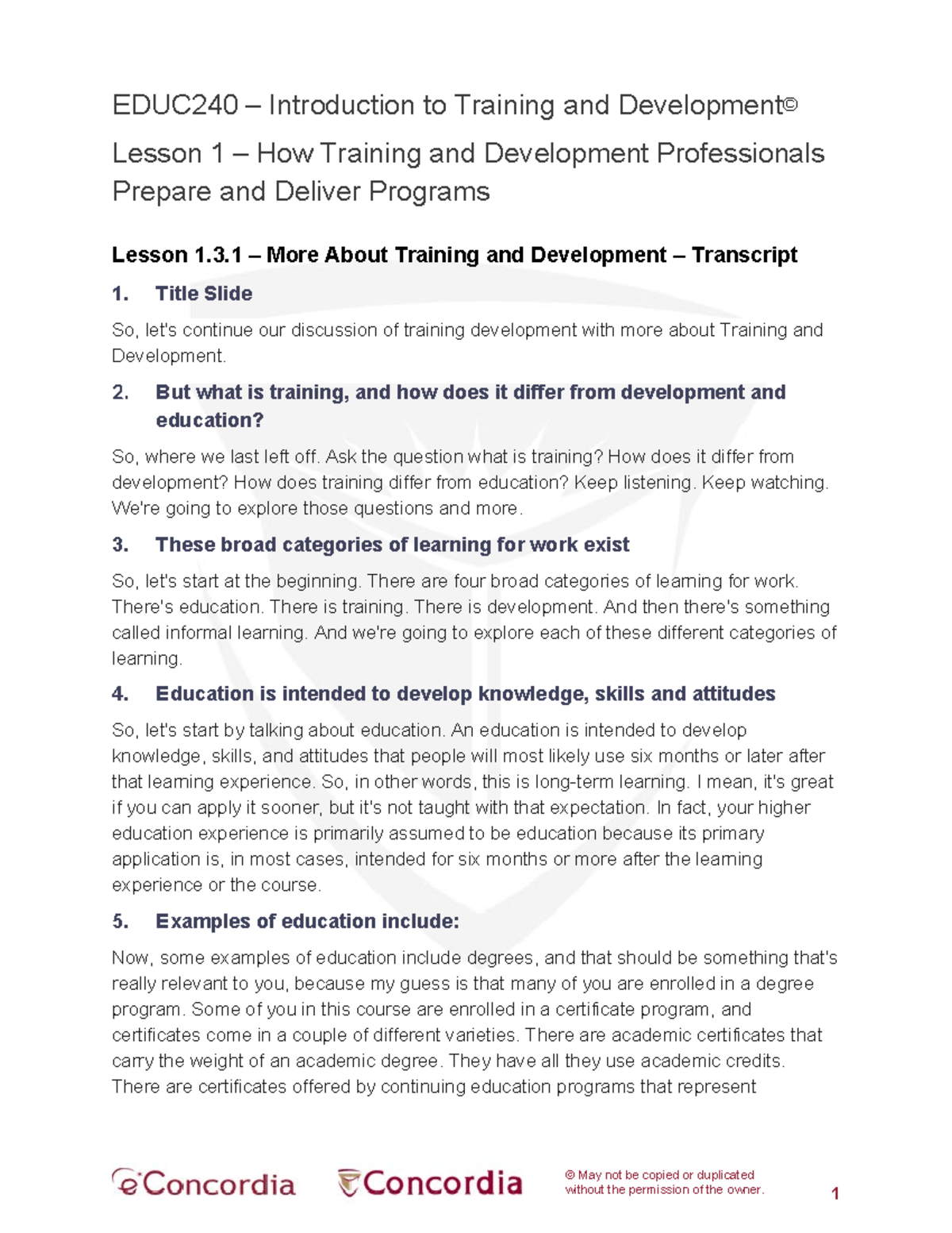 EDUC240 - Lesson 1 Transcript: Understanding Training & Development ...