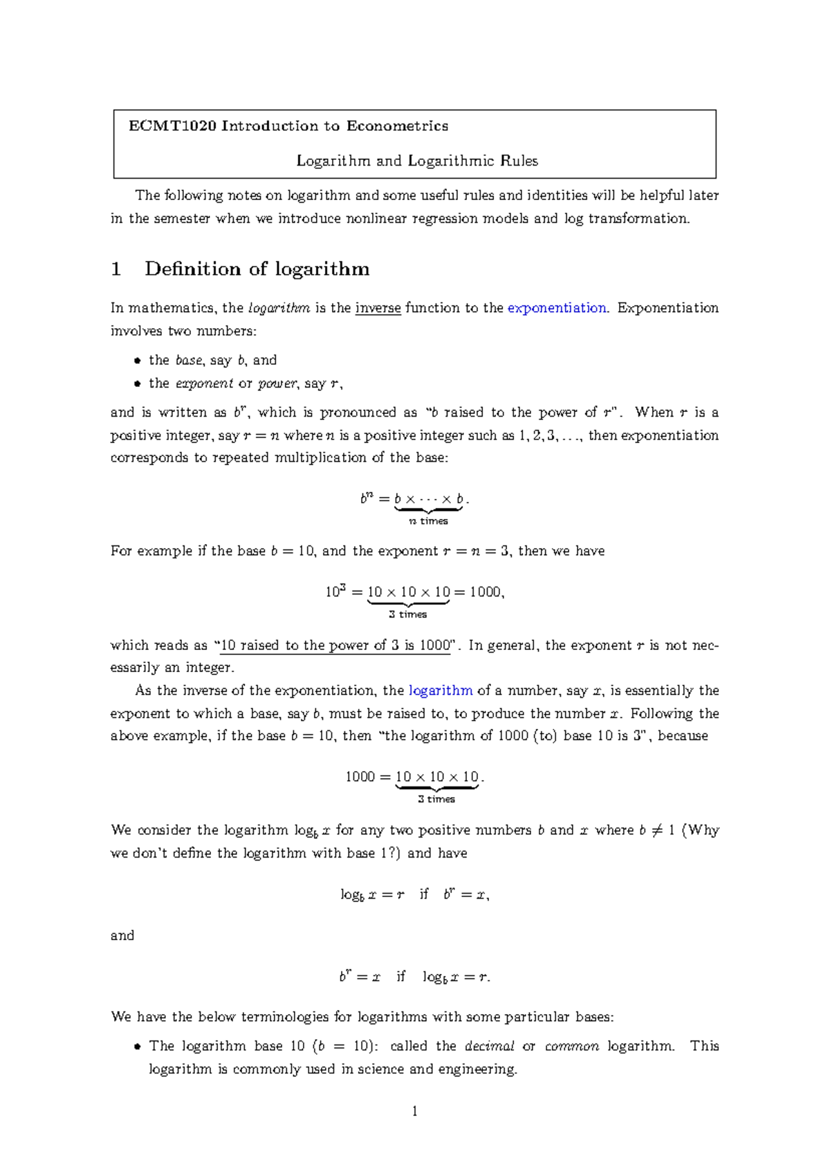 ECMT1020 Tutorial Notes on Logarithm and Its Rules - Studocu