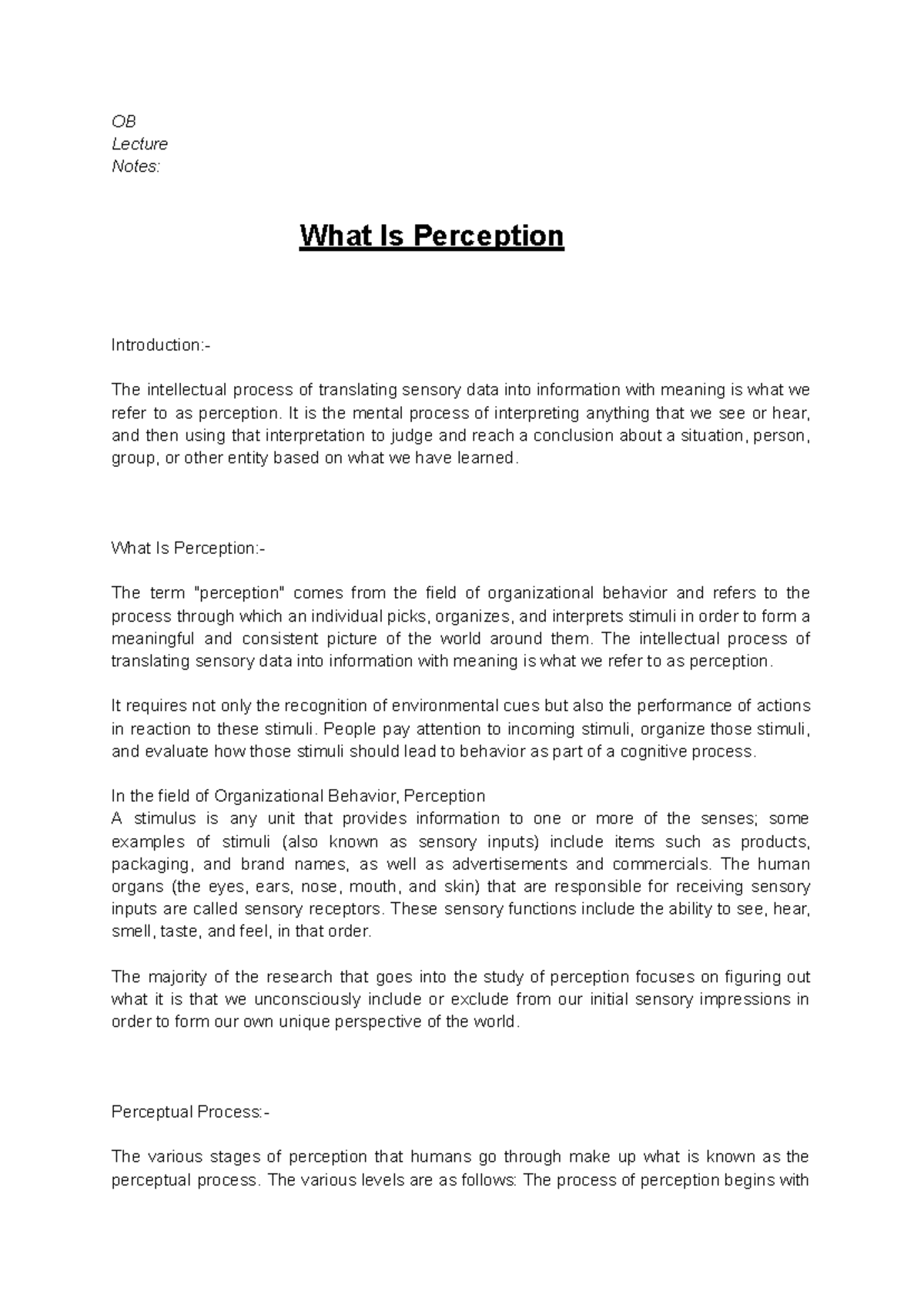 Understanding Perception in Organizational Behavior (OB) Lecture Notes ...