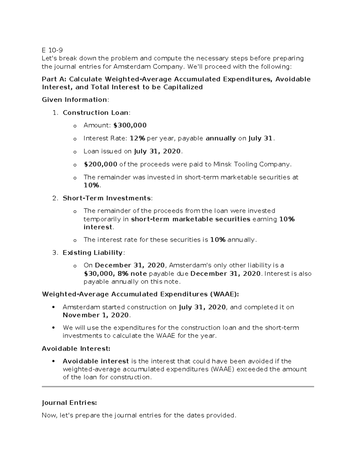 E 10 - Journal Entries and Interest Calculations for Amsterdam Company ...