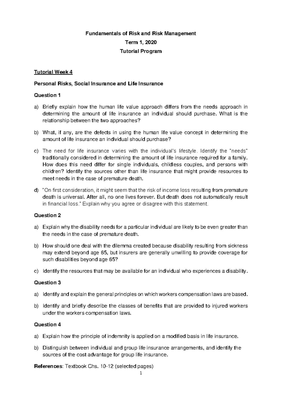 Tutorial Week 8 Questions Warning Tt Undefined Function 32 1 Fundamentals Of Risk And Risk
