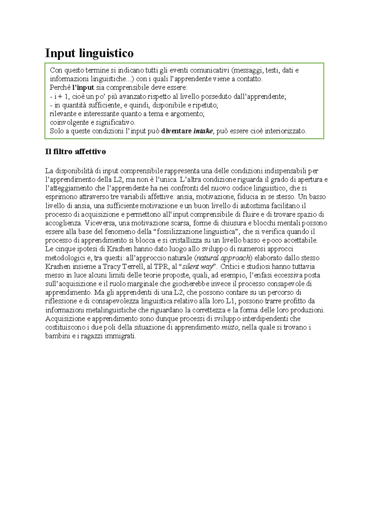 Input linguistico - Appunti - Input linguistico Il filtro affettivo La ...