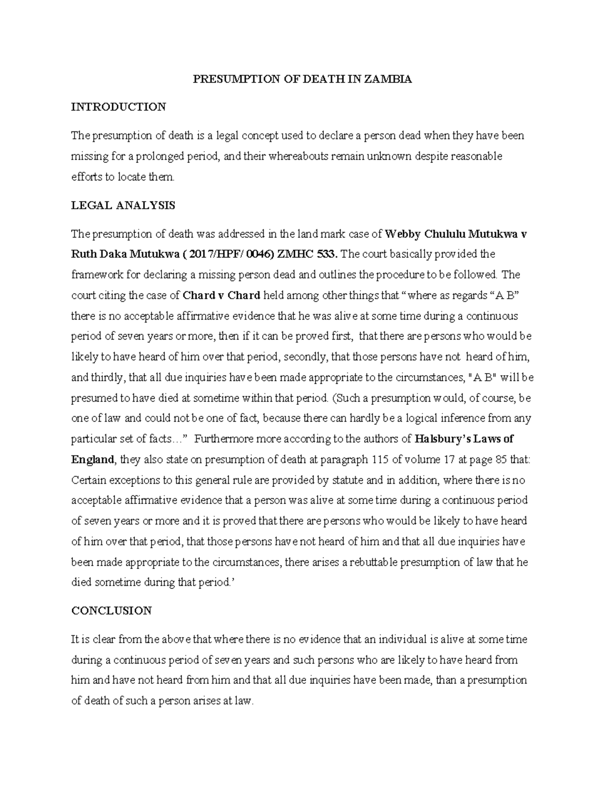 Presumption of Death: A Legal Overview in Zambia - Studocu