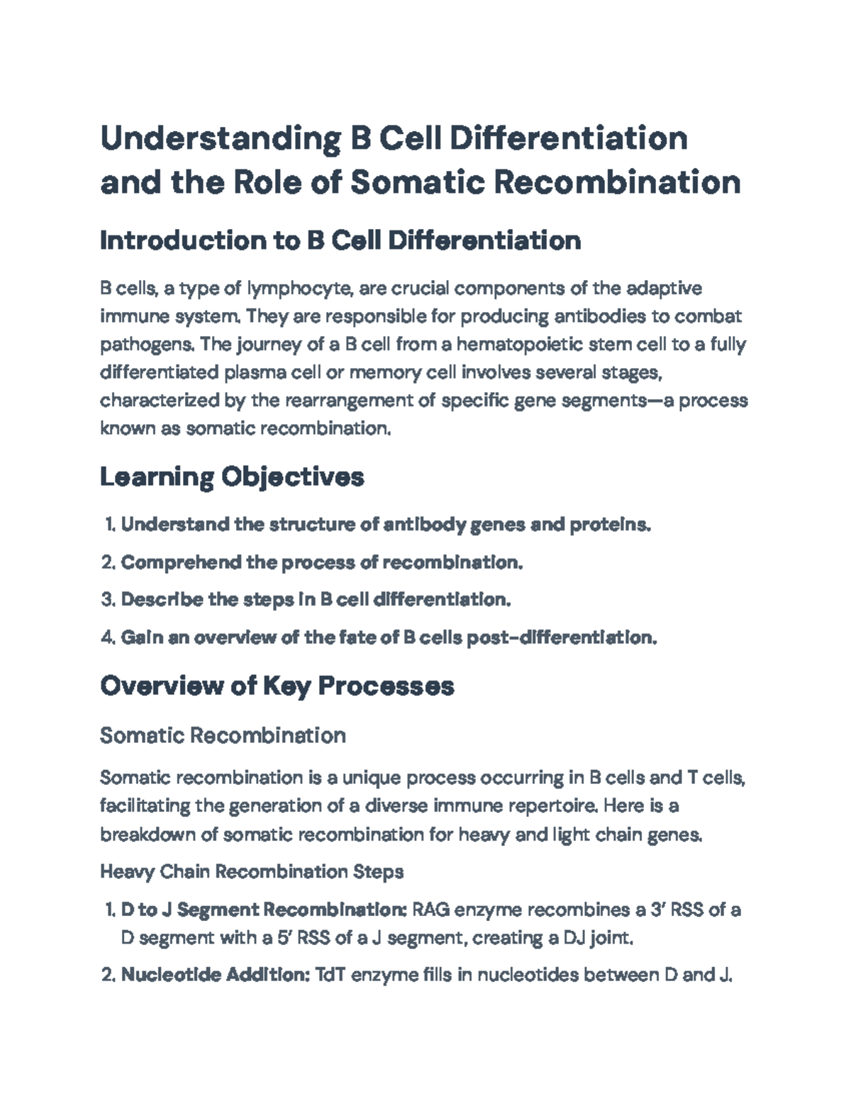 B Cell Differentiation and Somatic Recombination Overview ...