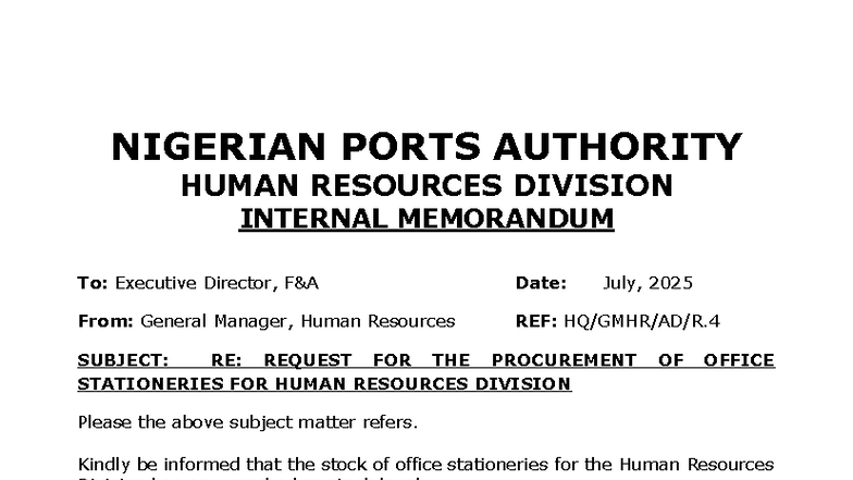 NPA HR Division: Office Stationeries Procurement Memo - Studocu