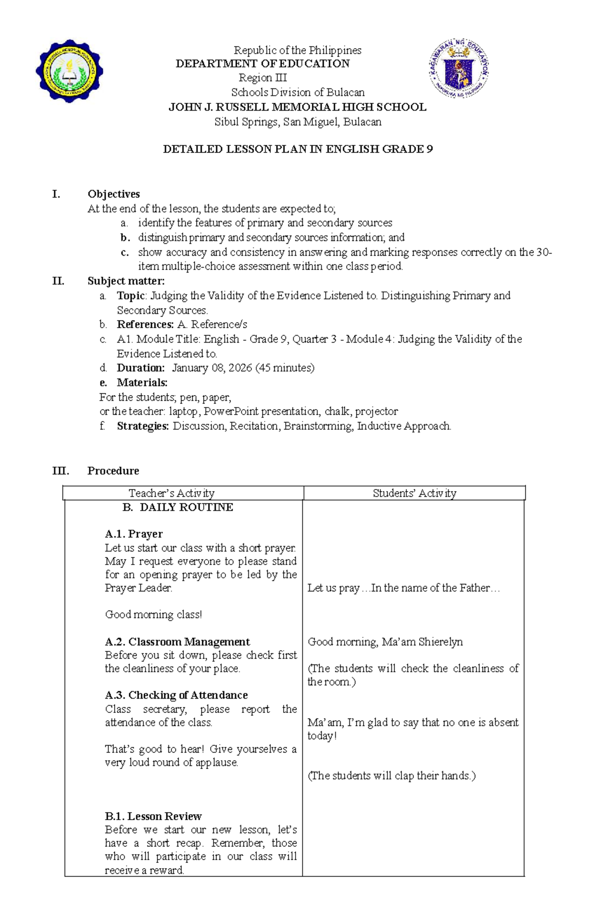 DLP: Detailed Lesson Plan for English Grade 9 on Sources - Studocu